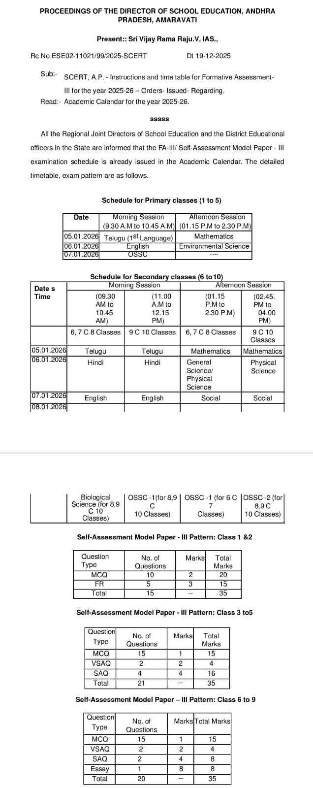 FORMATIVE ASSESSMENT-3 FA-3, SAMP-3 JANUARY-2026 1-10 CLASSES SCERT ...